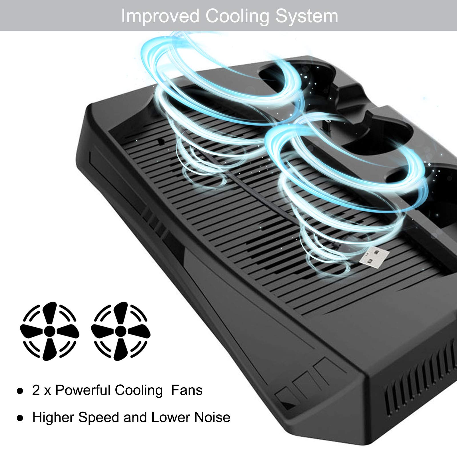 Cooling Fan Charging Dock Vertical Stand for PlayStation 5 PS5 with 3 USB Hubs, 2 DualSense Controller Charging Dock