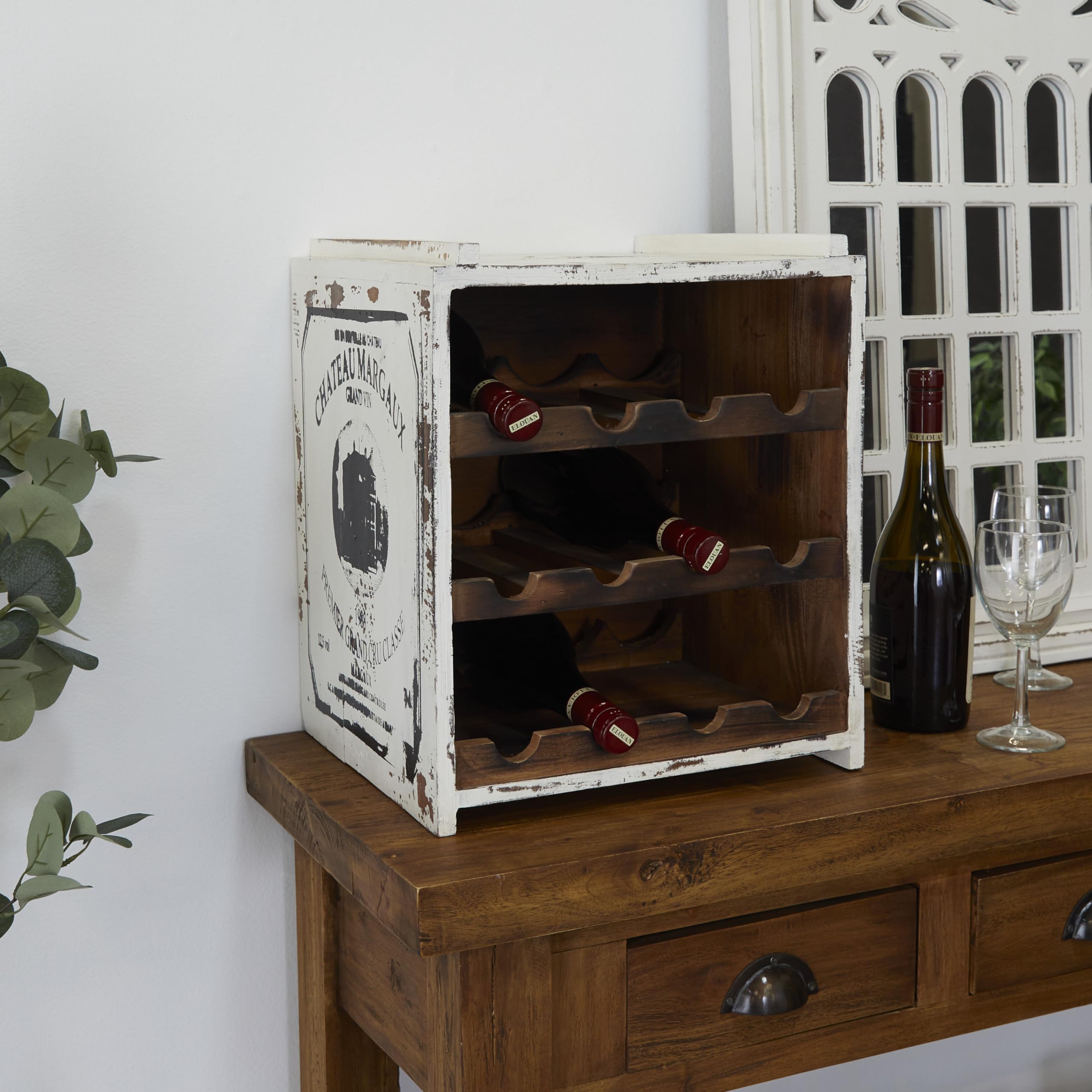 Deco 79 Wood 12 Bottle Standing Wine Rack, 14" x 13" x 16", White