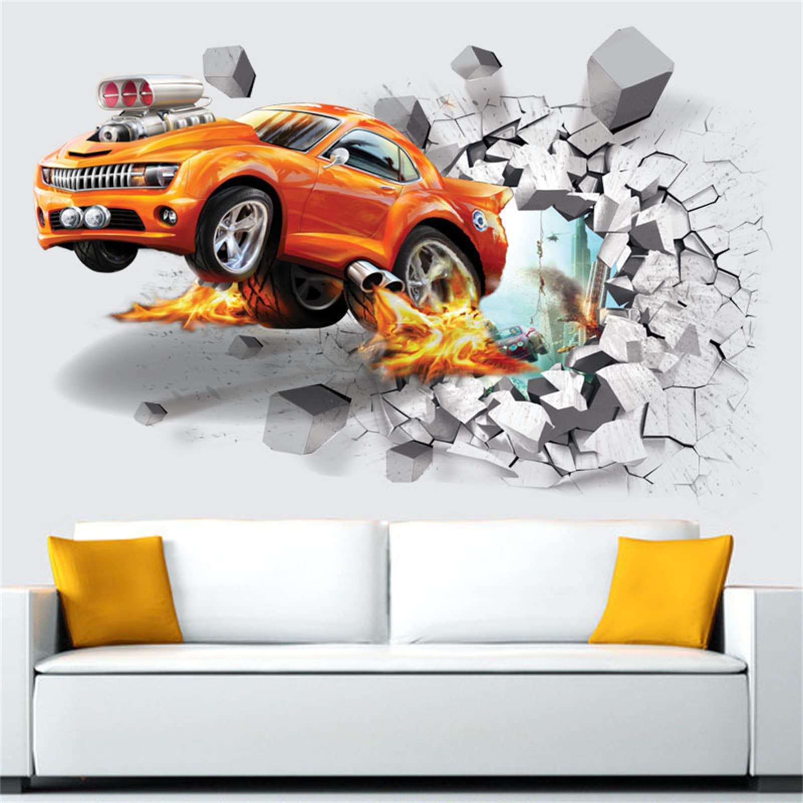 Dynamic Car Wall Stickers, Breaking Wall Creative 3D Wall Decals, Self Adhesive Removable, Art Decal Mural Wall Decor, Kids Boy Room Bedroom Playroom Wall Decoration(19.6'' × 27.5'') (car2)
