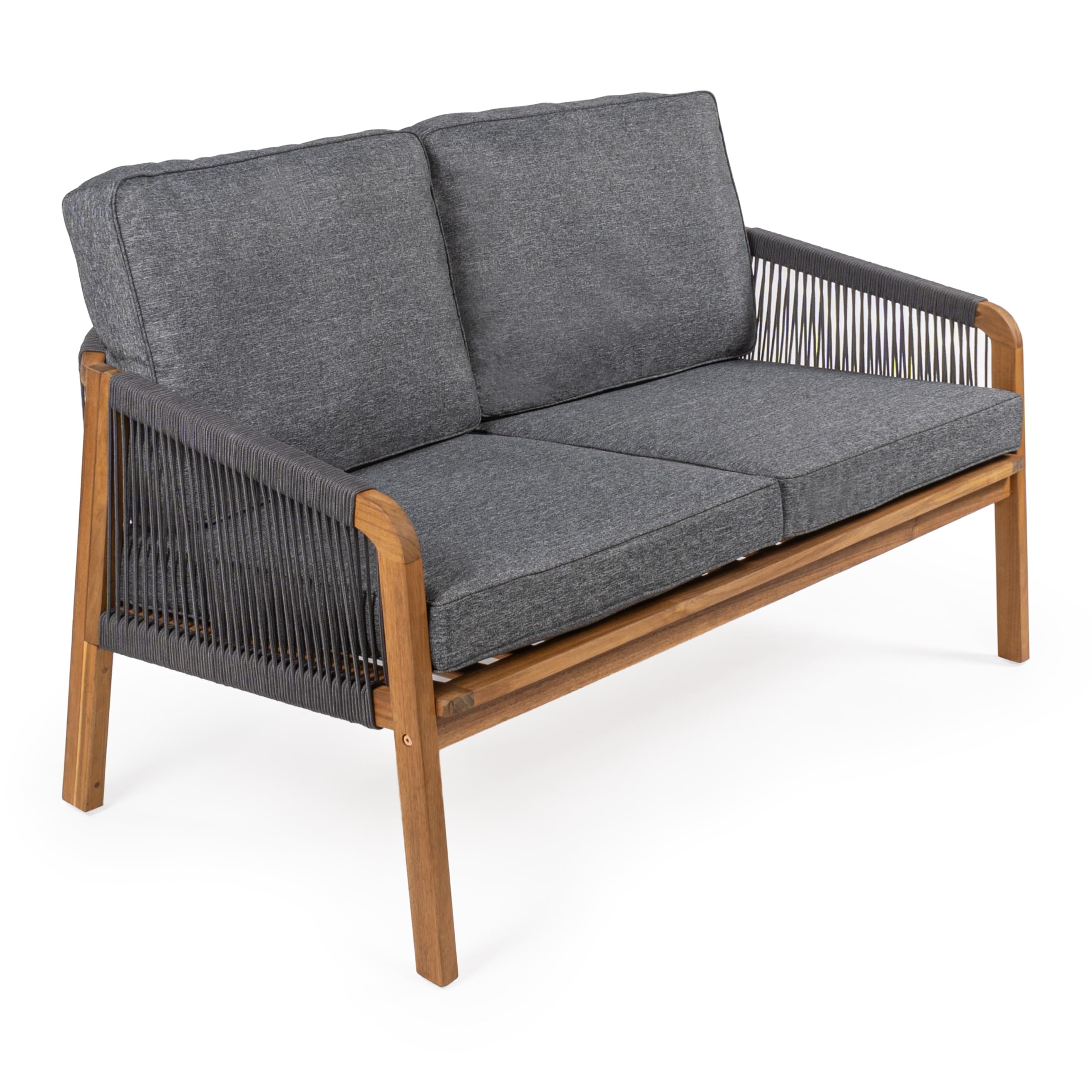 JONATHAN Y SFB1001C Arwen Modern Bohemian Roped Acacia Wood Outdoor Loveseat with Cushions Coastal, Contemporary, Transitional, Rustic for Backyard, Patio, Porch, Gray/Teak Brown