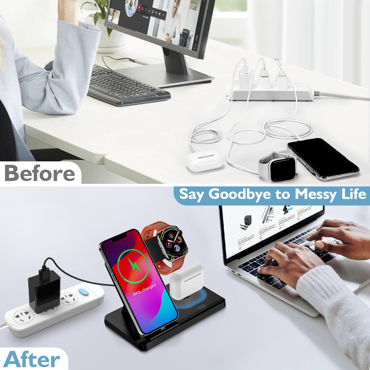 Charging Station for iPhone Multiple Devices, Foldable 3 in 1 Fast Charging Stand Dock for AirPods & iPhone 14 13 12 11 Pro X Max XS XR 8 7 Plus 6, Apple Watch Charger for Apple Watch with Adapter