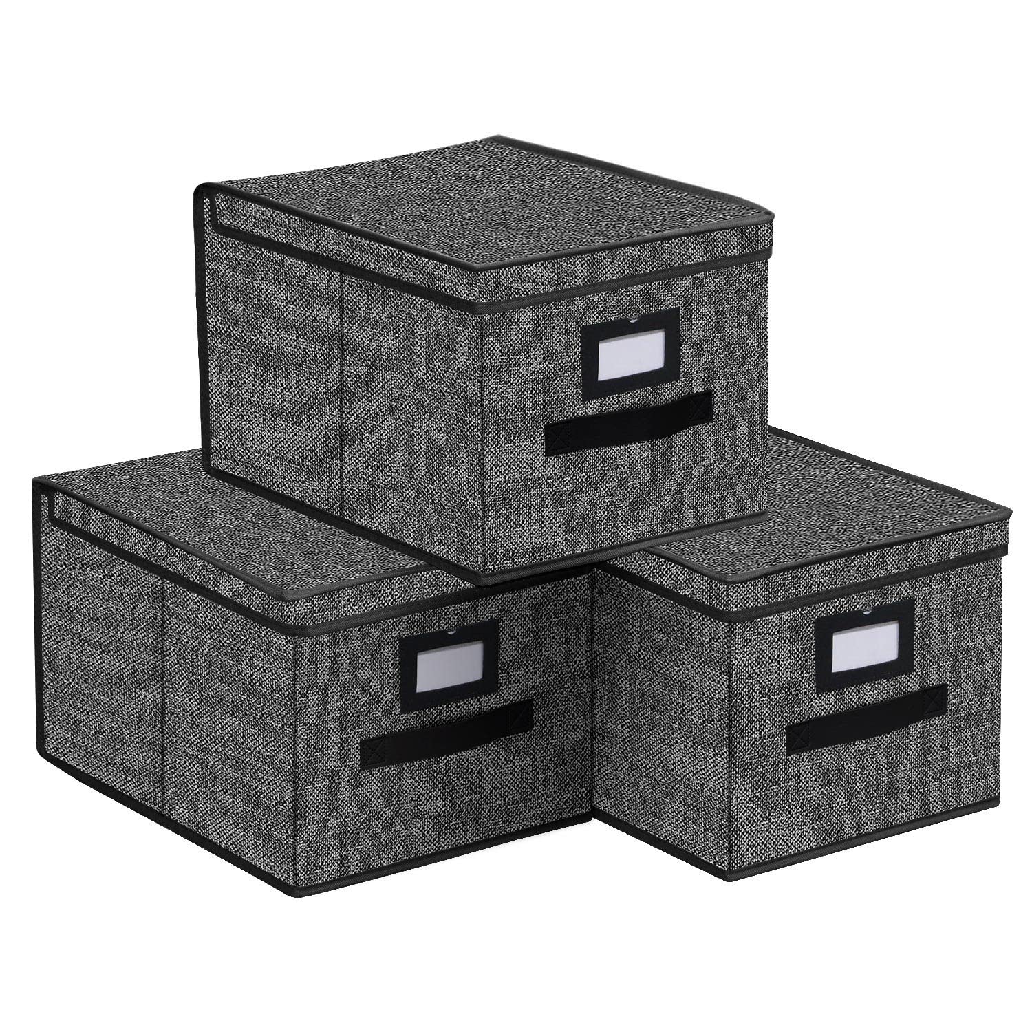 Onlyeasy Collapsible Storage Bins Pack of 3 - Foldable Storage Box Containers Organizer with Dust-proof Lids and Strong Handles, 11.8"x15.7"x9.8", Large, Black, 9MXALB03PLP