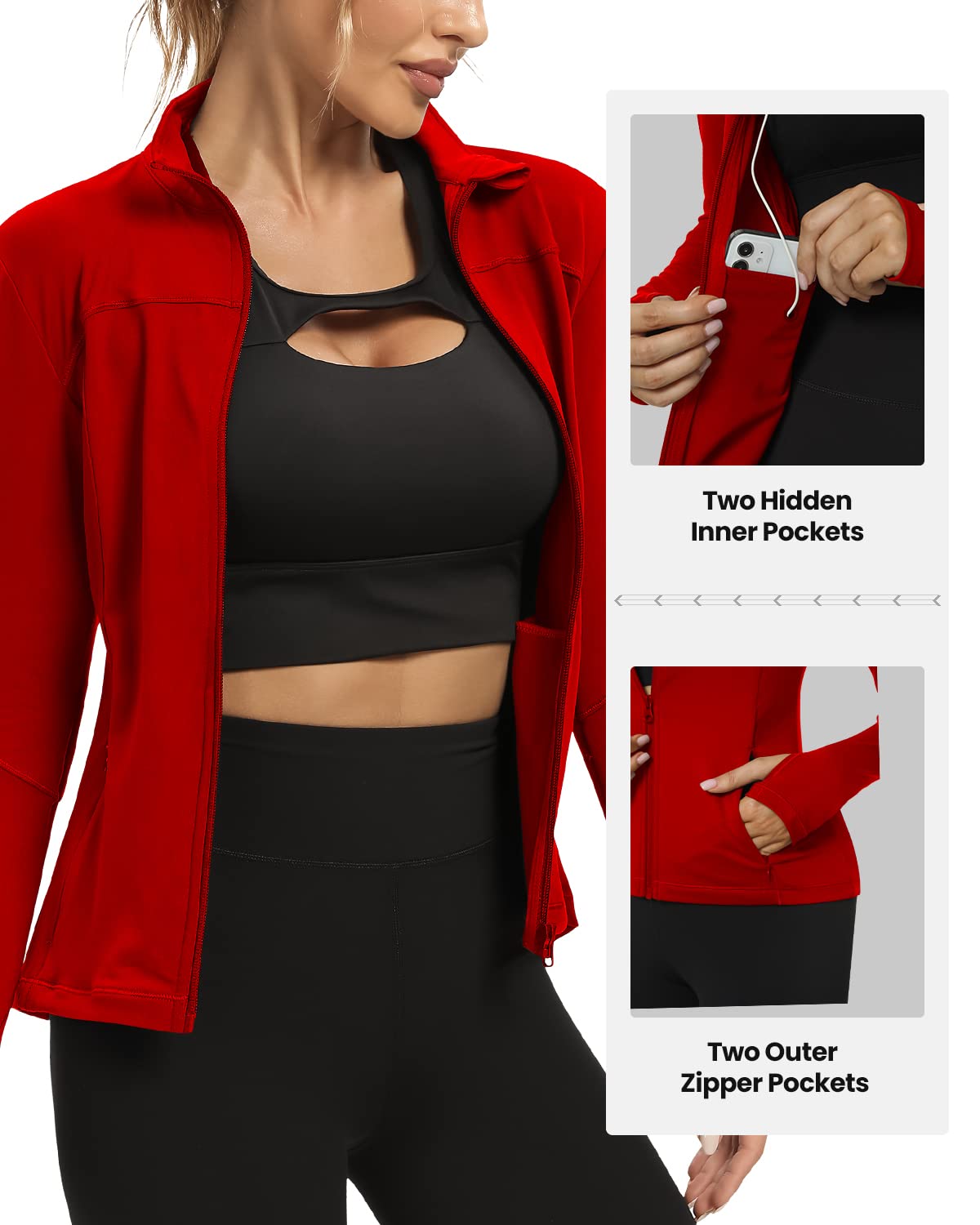 colorskin Workout Jackets for Women Full Zip Athletic Running Track Jacket with Pockets Slim Fit Yoga Jacket with Thumb Holes(Gright Red,Medium)