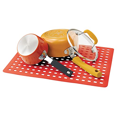 mDesign Decorative Kitchen Plastic Sink Protector Set - Protect Surfaces and Dishes - Quick Draining, Modern Slotted Design - Includes 1 Saddle, 2 Large Mats - Set of 3 - Red