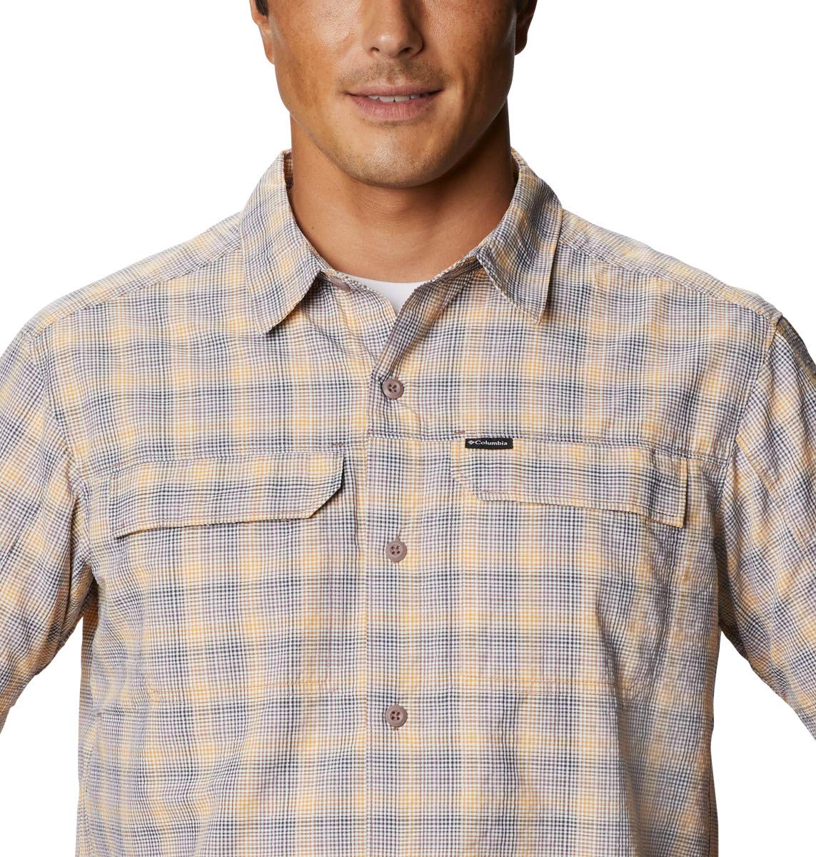 Columbia Men’s Silver Ridge Short Sleeve Seesucker Shirt, Moisture Wicking, Sun Protection, Mocha Gingham Ombre, Medium