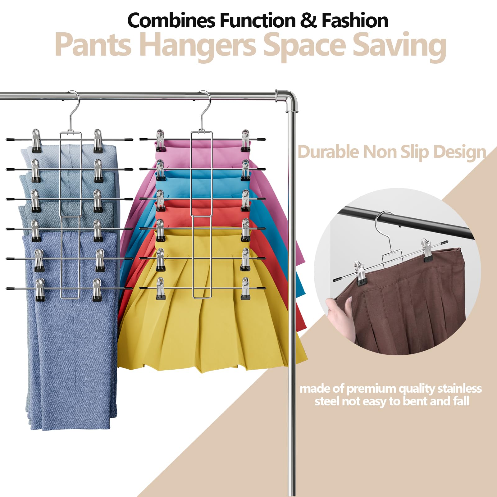 Hangers,Pants & Skirt Hangers Space Saving Hanging Closet Organizer and Storage,Clothes Hangers with 360° Swivel Hook,Upgrade Skirt Hangers with Clips-2Pack Closet Storage-Pant Hangers
