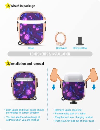 GuarzFun case for AirPods 1st & 2nd Case, Secure Lock Airpod case with Lock lid Keychain Clip, Full Body Hybrid Material Protective Cover for Men Women (Purple Butterfly)