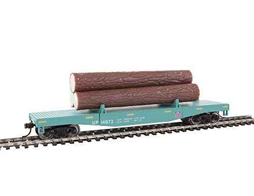Walthers Trainline HO Scale Model Log Dump Car with 3 Logs - Union Pacific #14972 (Mow Scheme, Green, Yellow Conspicuity Marks)