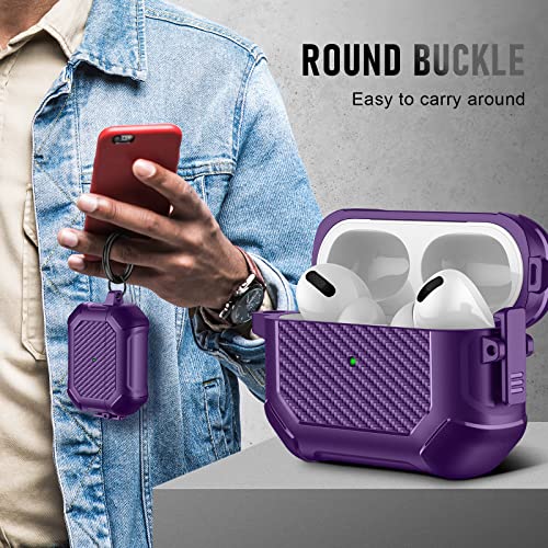 Maxjoy Compatible with AirPods Pro Case, Carbon Fiber Secure Lock Clip Full Body Shockproof Hard Shell Protective Case Cover with Keychain for AirPod Pro (2019), Purple