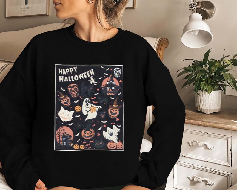 UNIQUEONE Womens' Oversized Halloween Sweatshirt Vintage Halloween Doodles Sweatshirts Hocus Pocus Long Sleeve Crewneck Tops Black