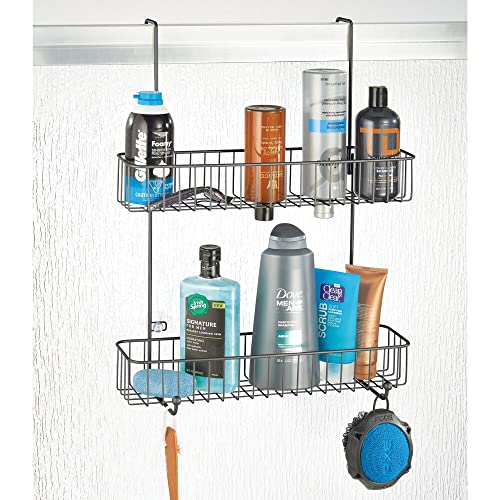 mDesign Extra Wide Metal Wire Over The Bathroom Shower Door Caddy, Hanging Storage Organizer Center with Built-in Hooks and Baskets on 2 Levels for Shampoo, Body Wash, Loofahs - Graphite Gray