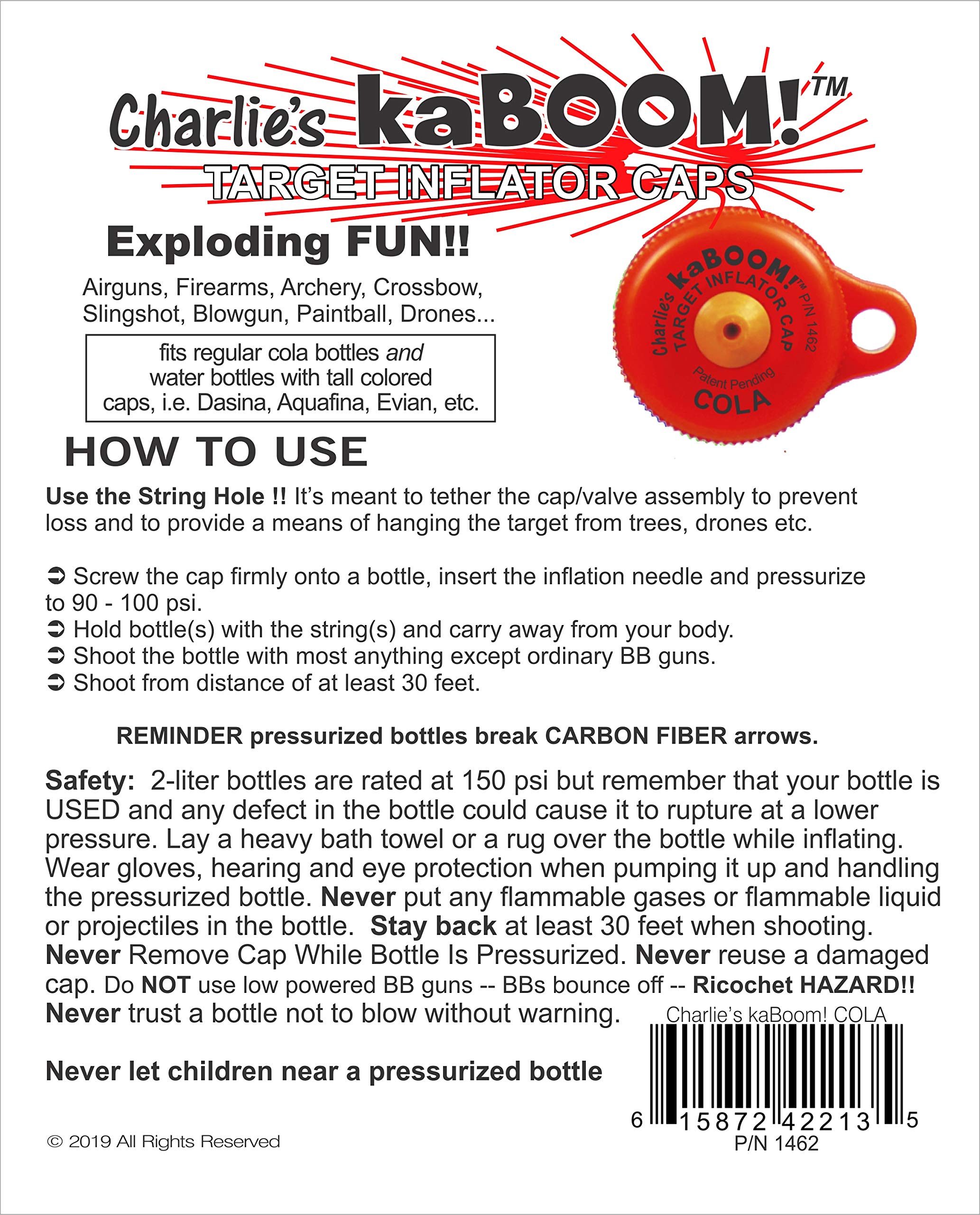 Charlie's kaBOOM! Exploding Cola Target Caps 10-Pack - Turn Plastic Bottles into Reactive Targets - Archery - Bow - Firearms - Pellet Gun- air Rifle and More