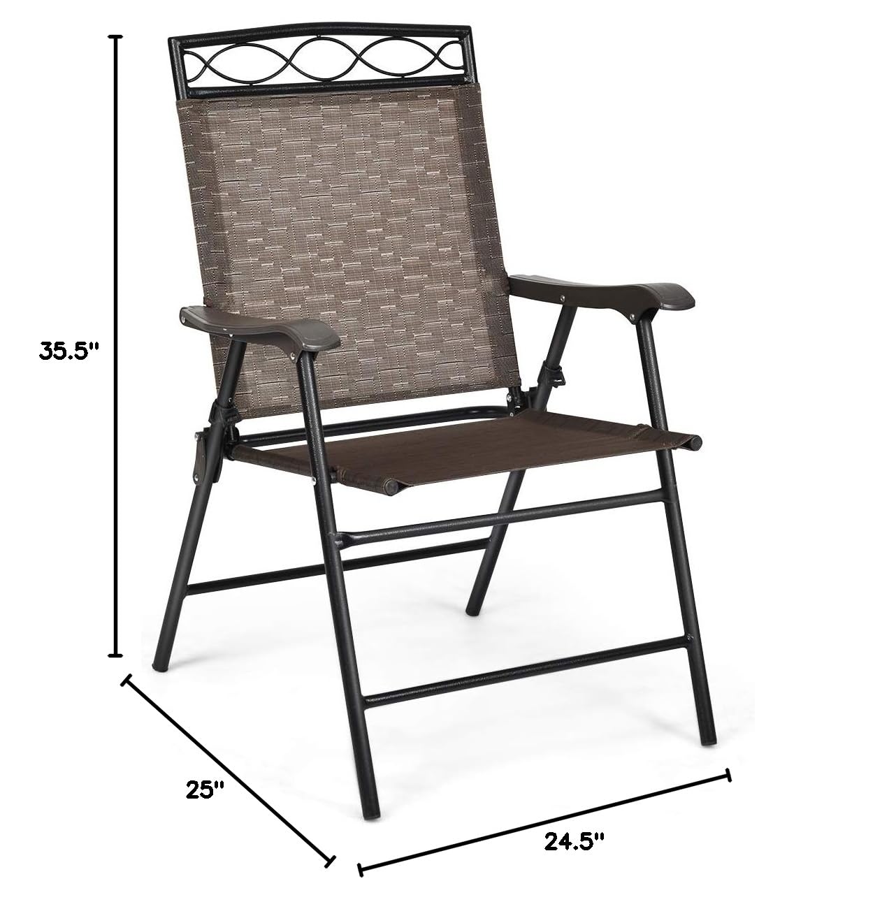 Giantex Set of 2 Patio Chairs, Outdoor Folding Lawn Chairs for Beach, Backyard, Deck, Patio Dining Chairs, Sling Chairs with Armrest and Metal Frame, Folding Camping Chairs (Brown)