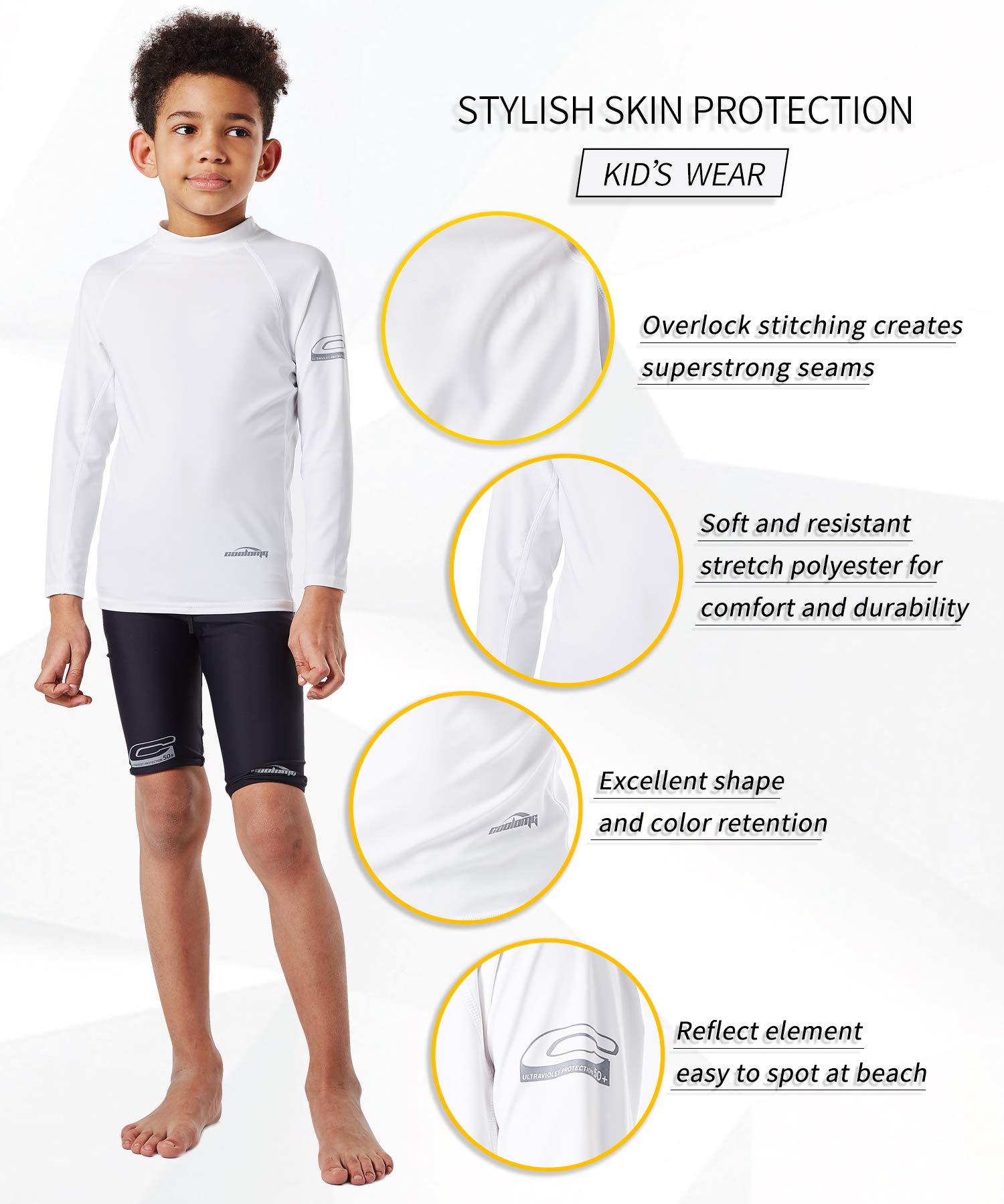 COOLOMG Boys Rash Guard Long Sleeve Shirts Kids Surf Running Swim Shirts White M