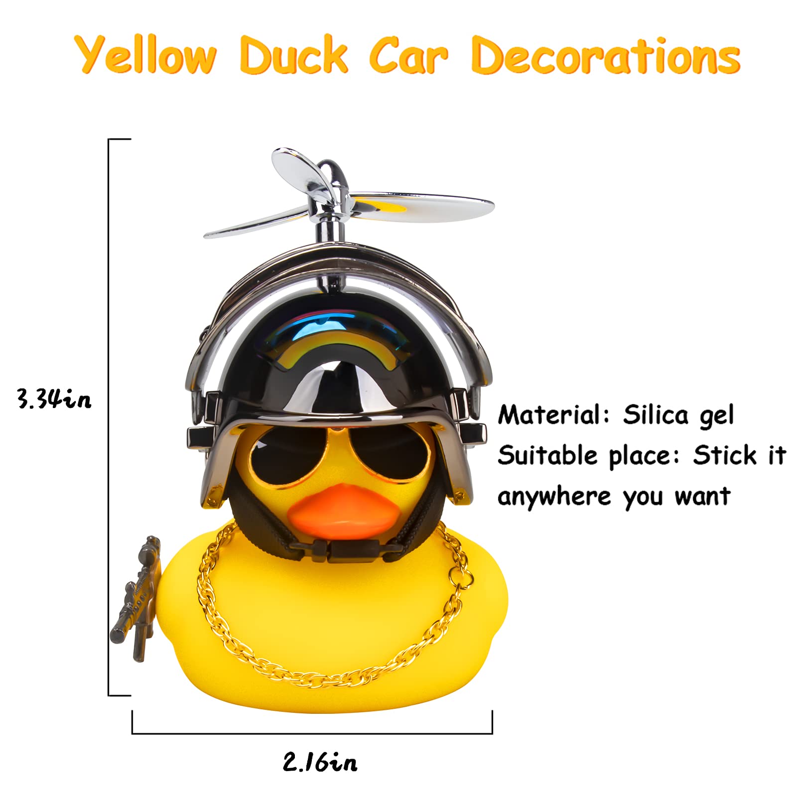 wonuu Rubber Yellow Duck Car Ornaments Cool Duck Car Dashboard Decorations with Propeller Helmet Sunglasses (Brilliant Black-Yellow G)