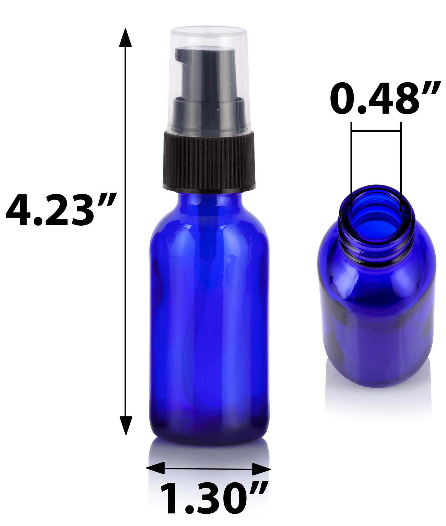 JUVITUS 1 oz / 30 ml Cobalt Blue Glass Boston Round Bottle with Black Treatment Pump (3 Pack) + Clear Travel Bag