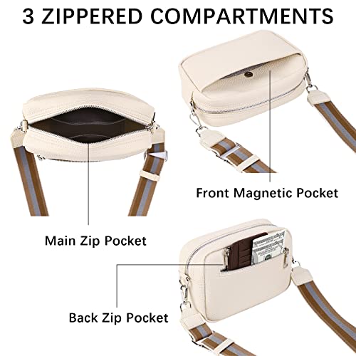 Efilra Crossbody Bag for Women, Small Leather Camera Purse Thick Strap Cross-body Bags, Triple Zip Shoulder Handbag with Guitar Strap, Beige