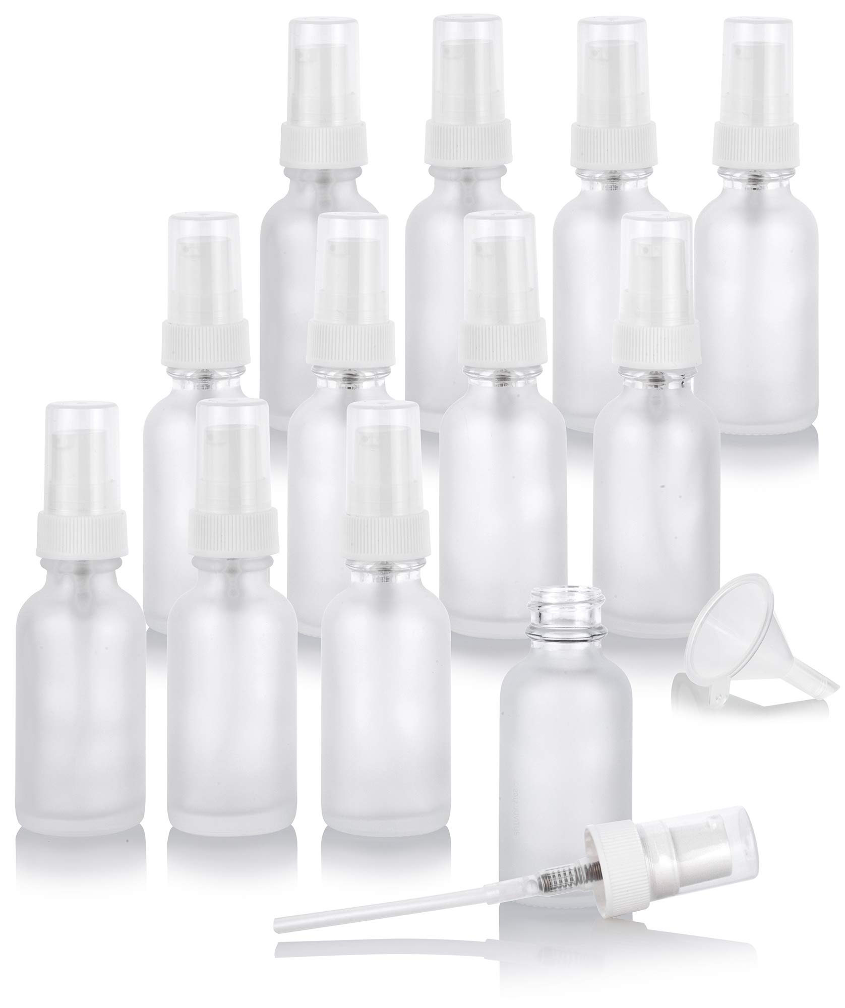 JUVITUS 1 oz / 30 ml Frosted Clear Glass Boston Round Bottle with White Treatment Pump (12 pack) + Funnel