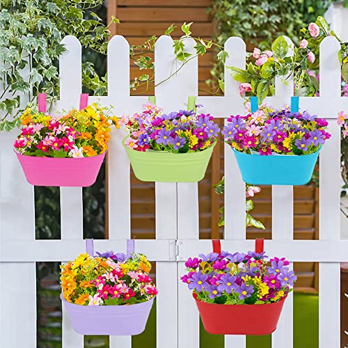 Glory Island 5 Pcs Hanging Flower Pot, Metal Iron Bucket Fence Hanging Planters for Outdoor Plants, Planter Box with Detachable Hooks for Railing Balcony Garden Yard