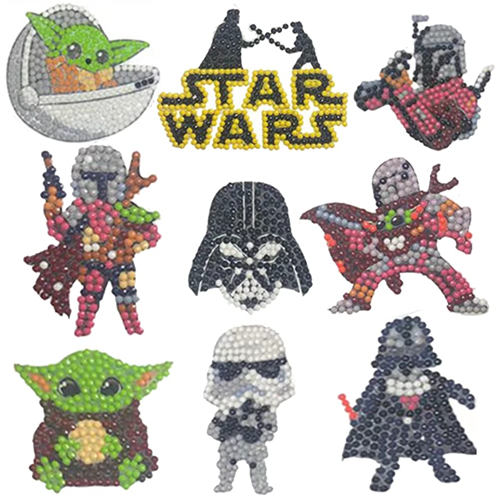 xinyi 9PCS 5D DIY Diamond Painting Kits for Star War Party Stickers for Kids, Stick Paint with Diamonds Drill for Star War Party Supplies, DIY Handmade Art Craft with Shining Sparkle Mosaic Stickers