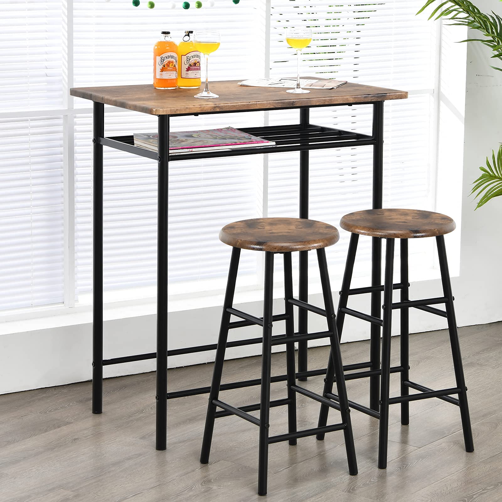 COSTWAY 3 Pieces Dining Table Set, Compact Dining Table Set with 2 Bar Stools, Space-Saving Bistro Set with Metal Fame and Storage Shelf, Pub Table and Chairs Set for Kitchen, Dining Room (Teak)
