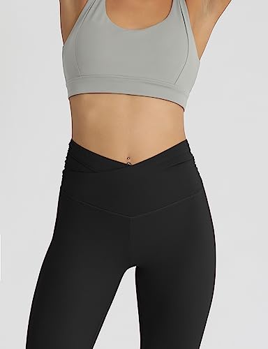 ODODOS Women's Cross Waist Flare Yoga Pants with Inner Pocket, High Rise Bootcut Tummy Control Bootleg Gym Workout Pants -Inseam 31", Black, Small