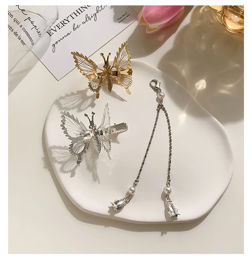 Flymind 6Pcs Moving Butterfly Tassel Hair Clips, Elegant Antique Side Hairpins Decorative Accessories for Women Girls (Silver)