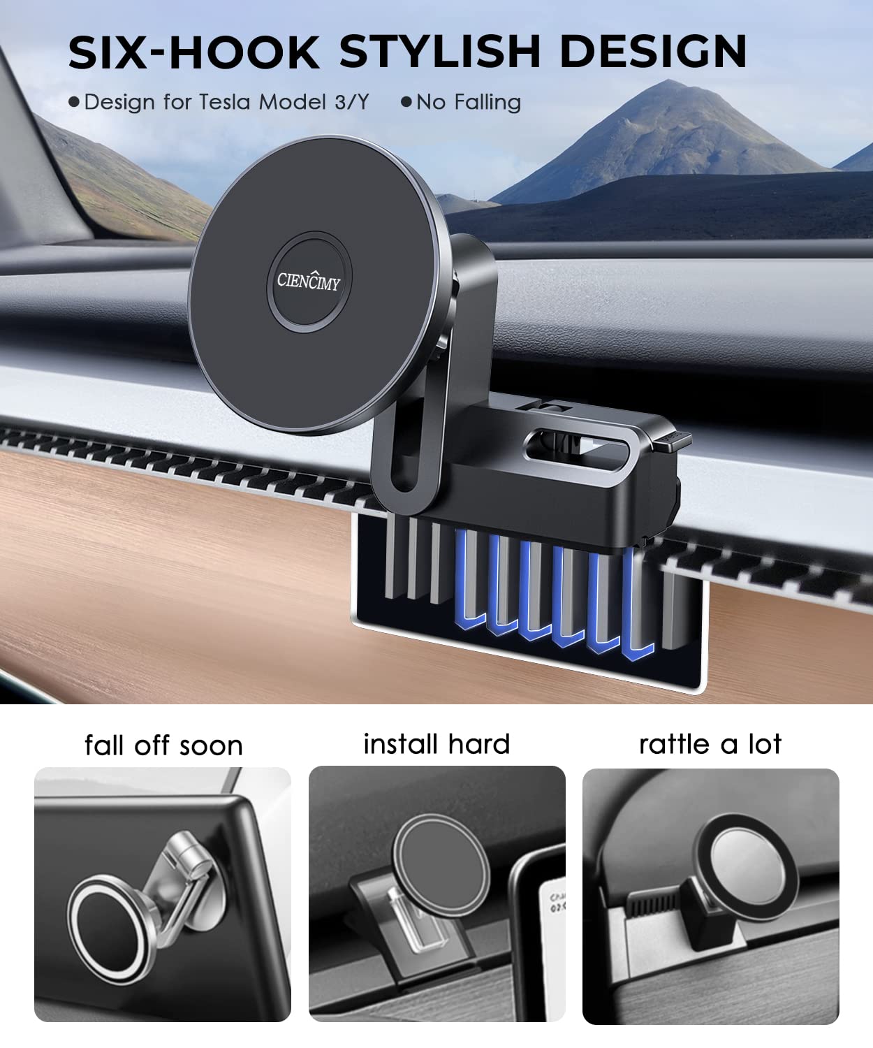 Ciencimy Tesla Phone Mount Designed for Model 3 Model Y, 【Easy Install】 Magnetic Tesla Phone Holder Compatible with MagSafe iPhone 15 Pro Max Plus 14 13 12 Mini and All Phone