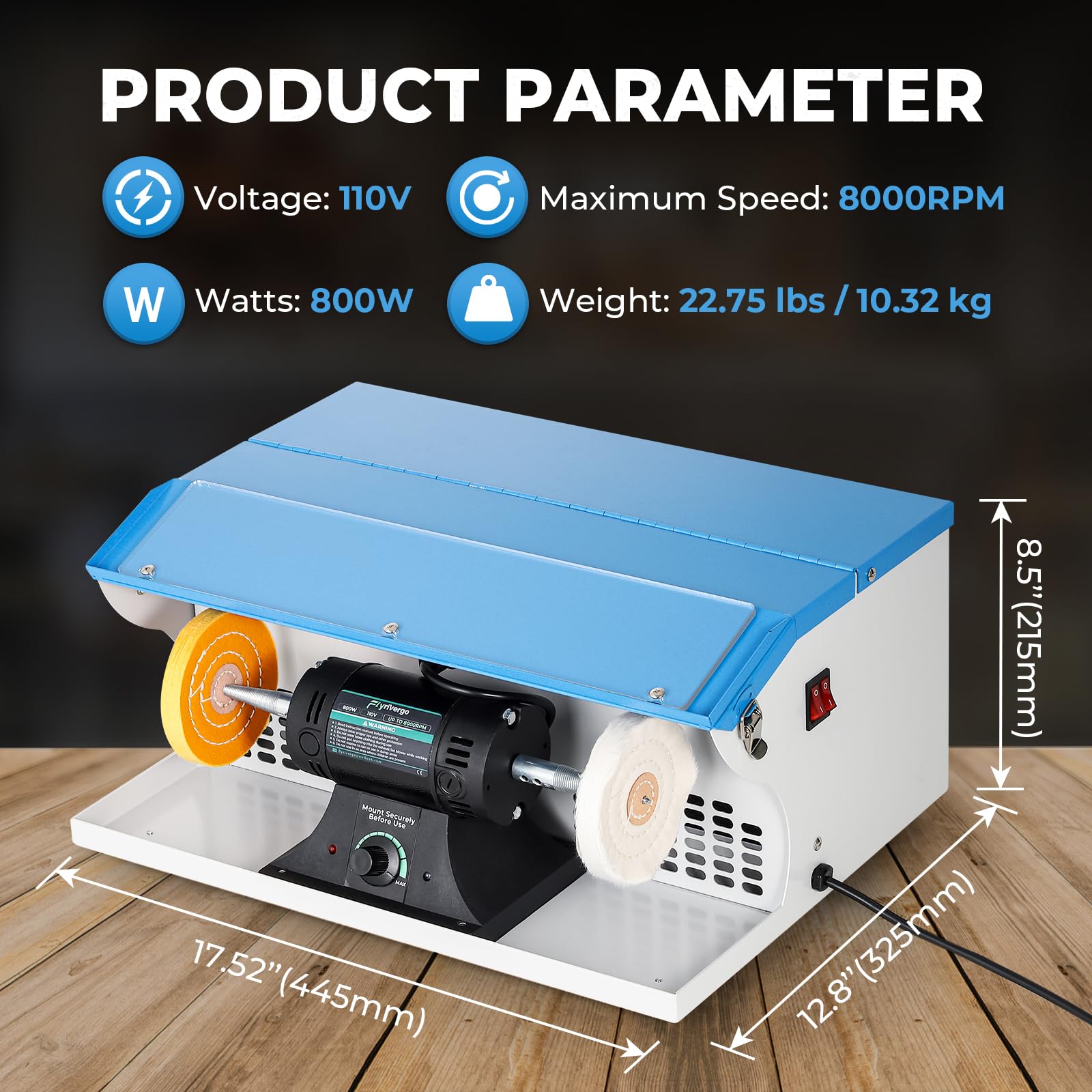 Flyrivergo Jewelry Polishing Machine, Bench Buffer Polisher 800W 110V Adjustable Variable Speed Polishing Machine with Dust Collector, Exhaust Fan Blower, Work Light and Motor Housing for Metal, Wood