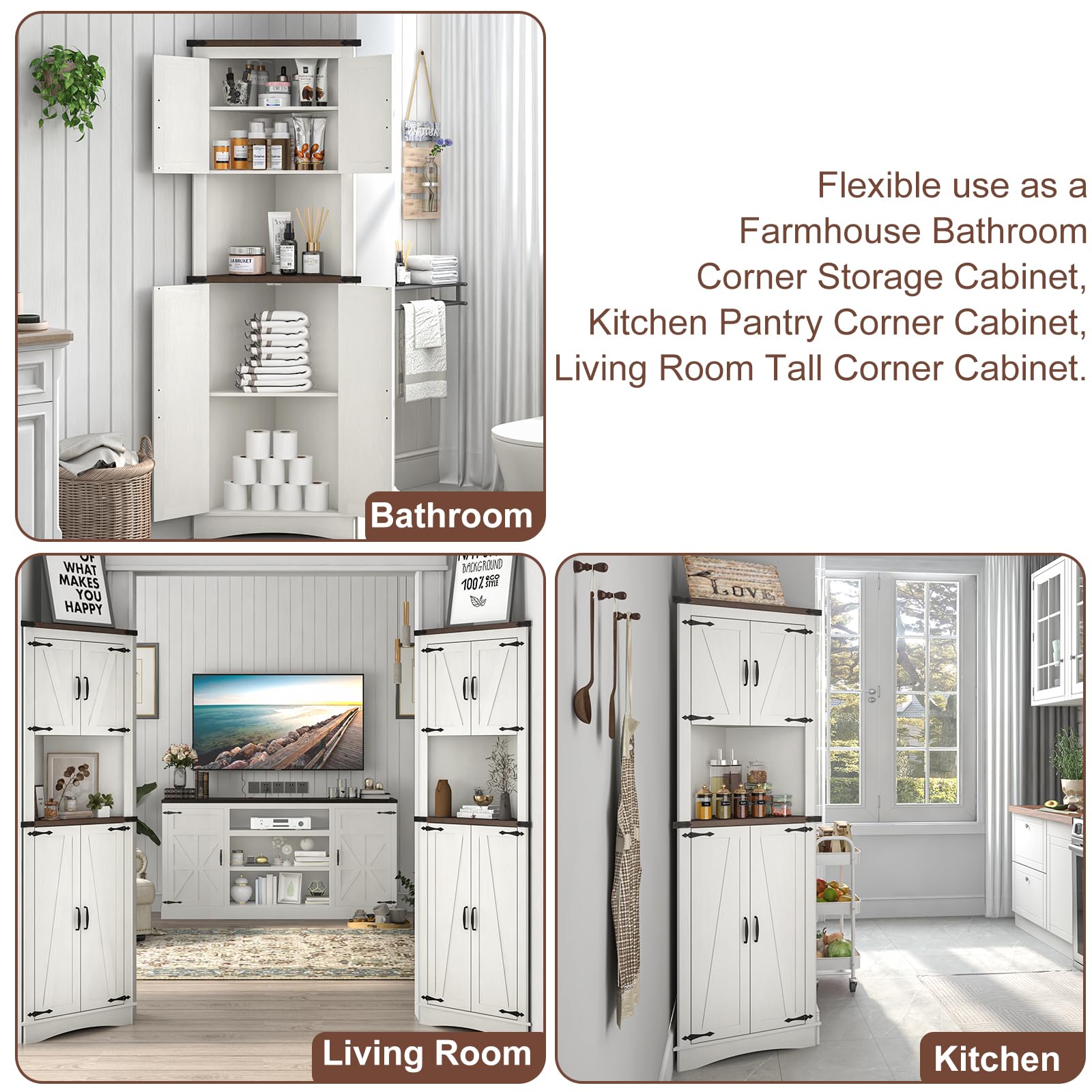 Hlivelood 68" Tall Farmhouse Corner Cabinet, 5-Tier Storage Cabinet with 4 Barn Doors & Adjustable Shelves, Bathroom Cabinet with Storage for Living Room, Kitchen, Bathroom, Rustic White