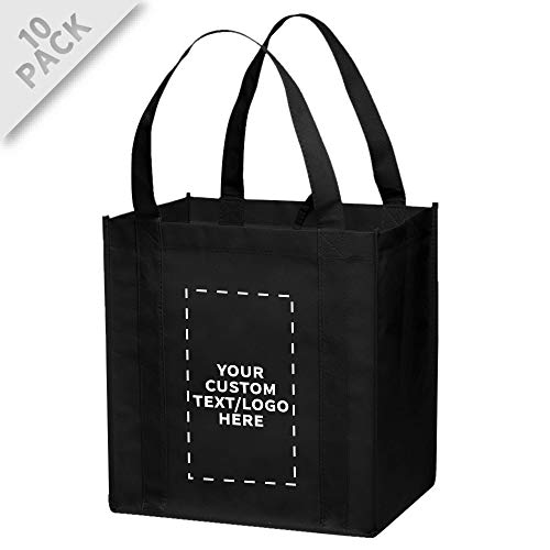 DISCOUNT PROMOS Custom Reusable Grocery Tote Bag for Shopping - 10 Pack - Personalized Logo, Text -Small Foldable Bags β Black