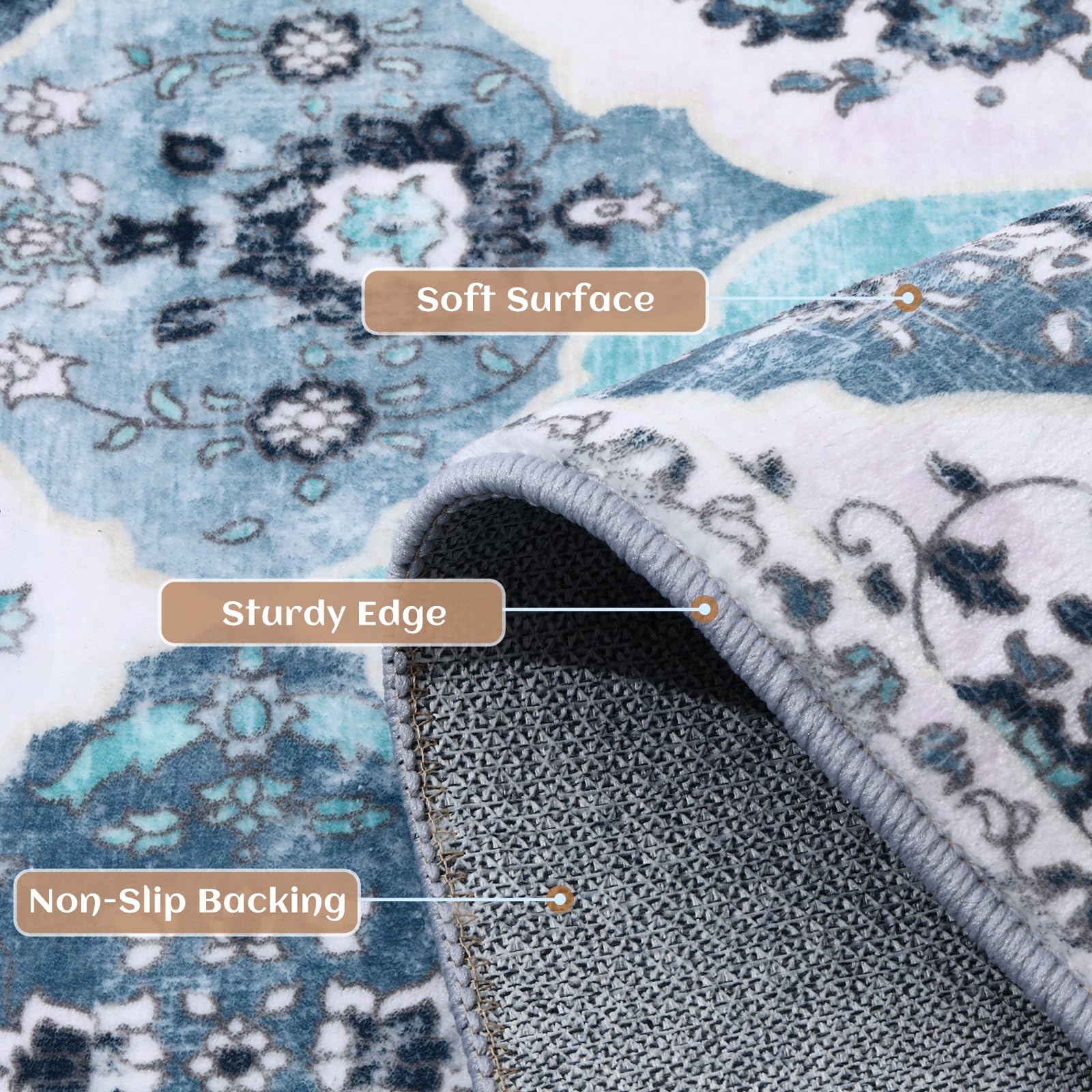 FLYRUGGO Area Rugs, 5x7 Washable Boho Throw Rug Indoor, Moroccan Trellis Bohemian Ultra Soft Large Non-Slip Carpet for Living Room Dining Room Office Bedroom (001-Blue White/Multi, 5x7)