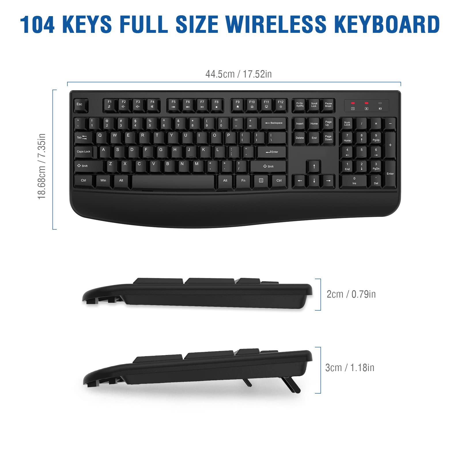EDJO Wireless Keyboard, 2.4G Ergonomic Full Size Wireless Computer Keyboard with Wrist Rest for Windows, Mac OS Desktop/Laptop/PC(Black)