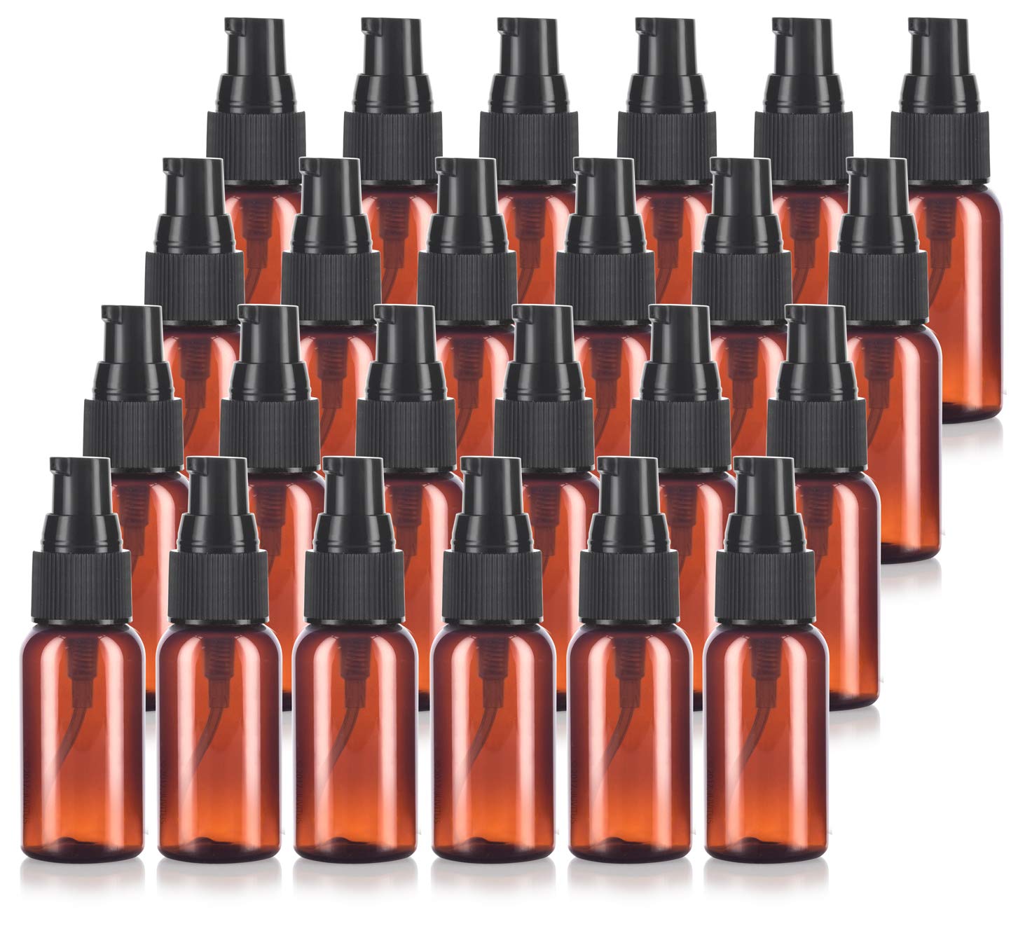 JUVITUS Amber 1 oz Boston Round PET Bottles (BPA Free) with Black Treatment Pump (24 Pack)