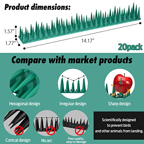 edola Bird Spikes for Outside 20 Pack, Squirrel Cat Dog Pigeon Deterrent, Plastic Animal Defender Spikes for Fence, Keep Cats Birds Away