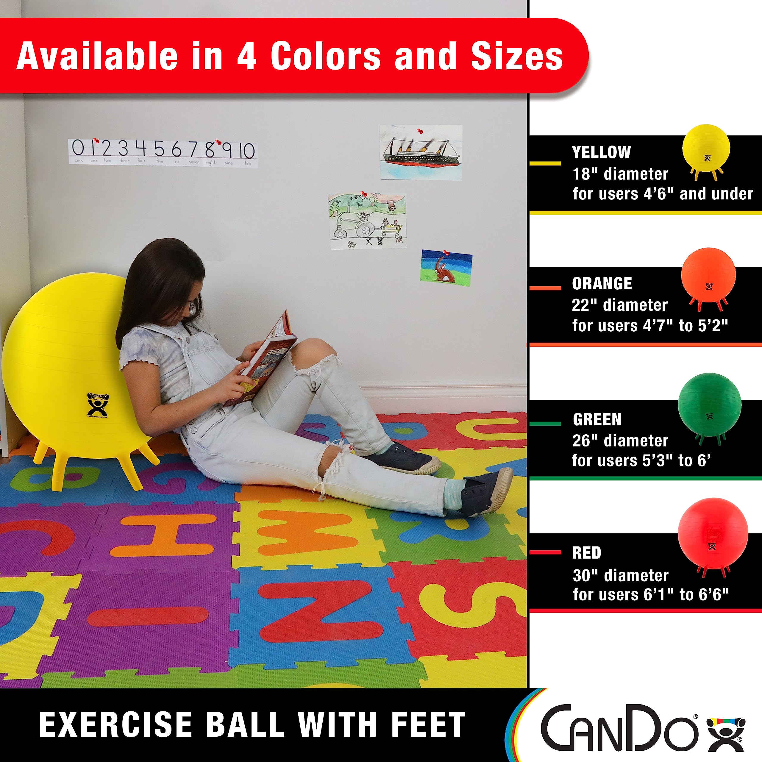 CanDo 30-1892 Non-Slip Inflatable Exercise Ball with Stability Feet Exercise, Workout, Core Training, Stability, Yoga, Pilates, Balance Training Gym, Office, Home, Classroom. Orange, 22"