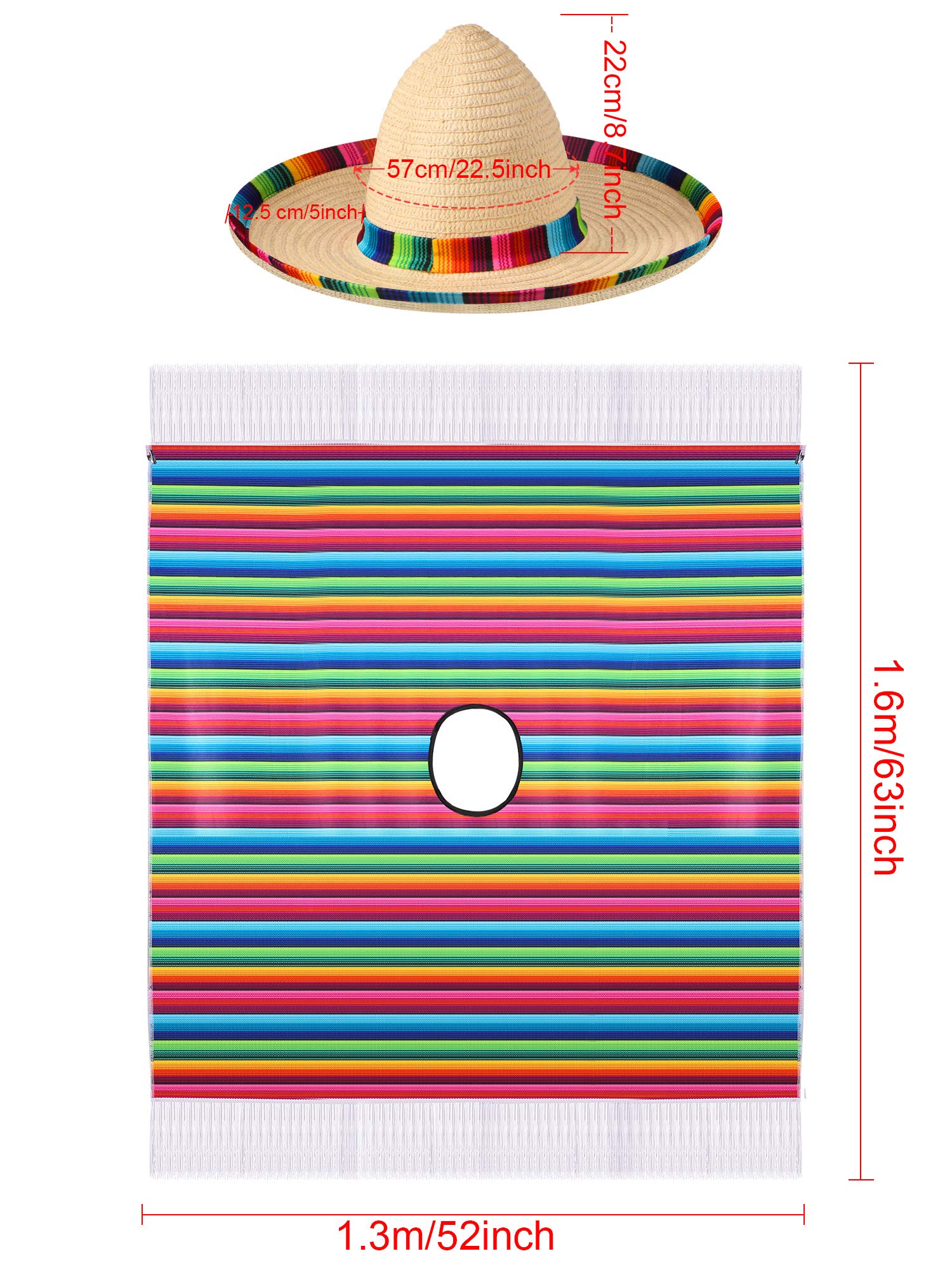 SATINIOR Mexican Serape Poncho Costume Mexican Sombrero with Rainbow Serape Edge and Band (Adult)