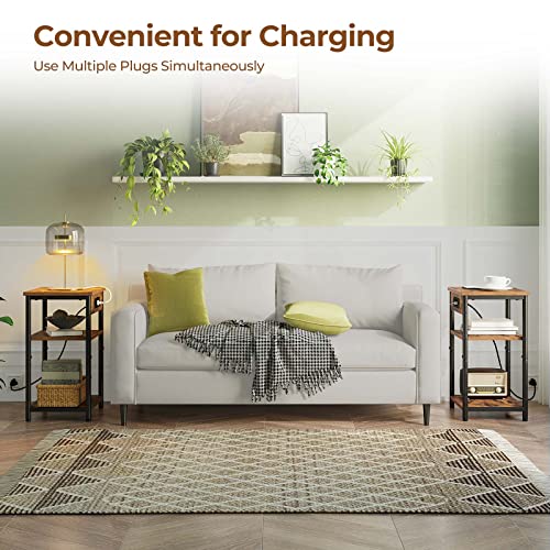 Rolanstar End Table with Charging Station, 3 Tier Slim Nightstand with Storage Shelf, Narrow Side Table with USB Ports & Power Outlets, Steel Frame for Living Room, Bedroom, Rustic Brown