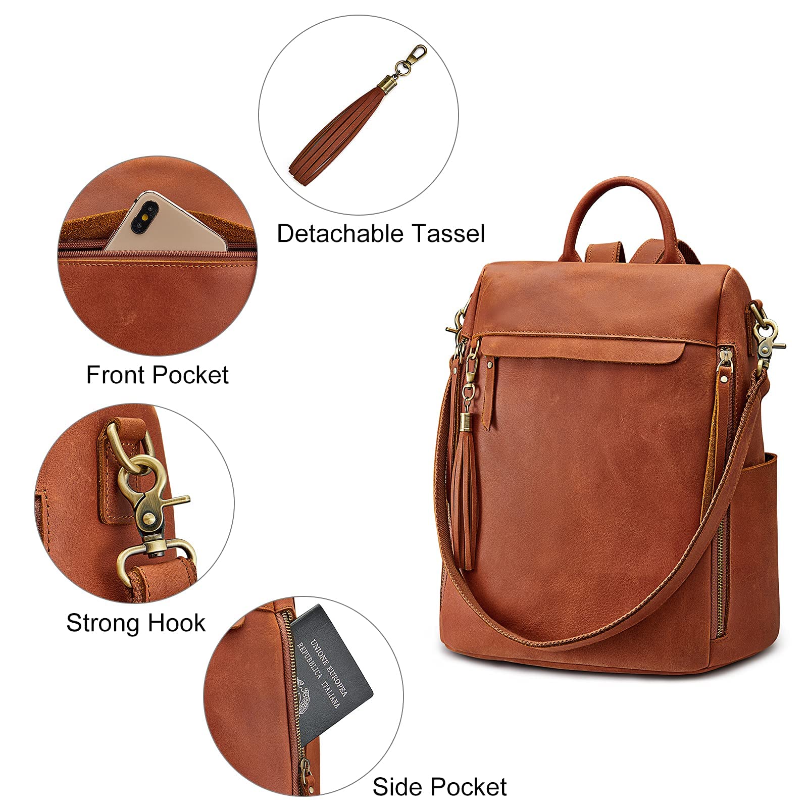 S-ZONE Vintage Genuine Leather Totes for Women Purse Handbag with Anti-thief Backpack Large