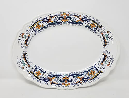 Nova Deruta Orange Fruit and Tulips, Blue Fleur De Lis, Floral Spirals Ceramic Serving Dish Plate Platter, Italian Handcrafted Earthenware for Sur La Table, Deruta, Made in Italy, 9.75" long x 13.25"