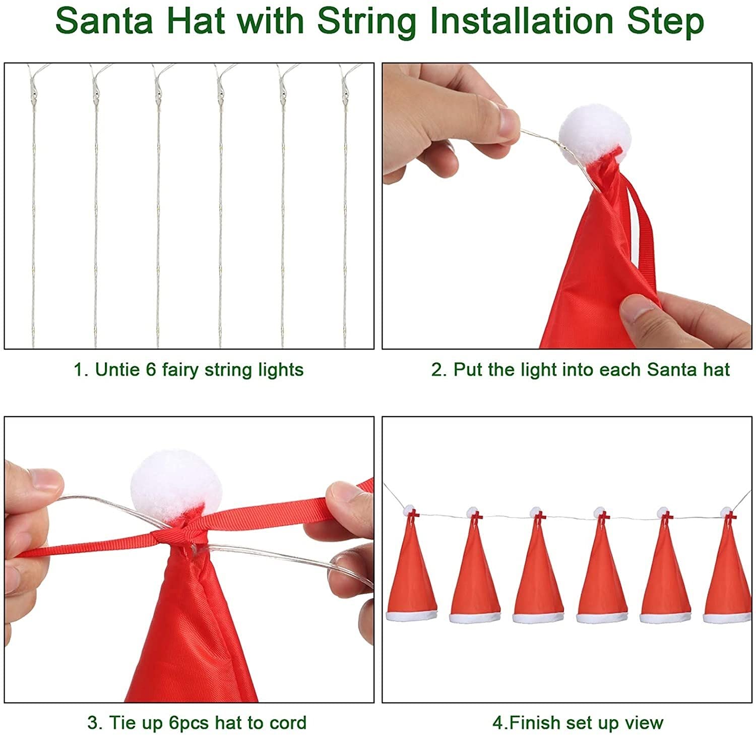 Xmas Hat Outdoor Hanging Light--6 Pieces Hanging Fairy Xmas Hat Waterproof String Lights --18 Leds Safety Fairy String Light With USB Or Battery Powered, Glowing Lights Decor For Home, Garden, Patio P