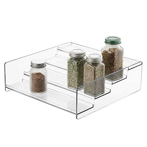 mDesign Plastic Kitchen Spice Bottle Rack Holder, Food Storage Organizer for Cabinet, Cupboard, Pantry, Shelf - Holds Spices, Jars, Baking Supplies, 4 Levels, 2 Pack - Ligne Collection - Clear