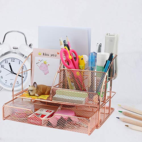Ogrmar Rose Gold Desk Supplies Organizer, Multi-functional Mesh Desk Organizer with 6 Compartments & Desk Drawer Organizer for Office Supplies and Desk Accessories(Rose Gold) (9" X 6" X 6")