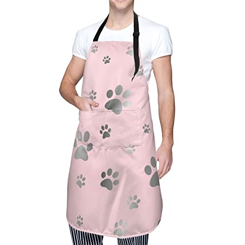 Perinsto Cute Dog Paws Pink Waterproof Apron With 2 Pockets Kitchen Chef Aprons Bibs For Cooking Baking Painting Gardening Grooming