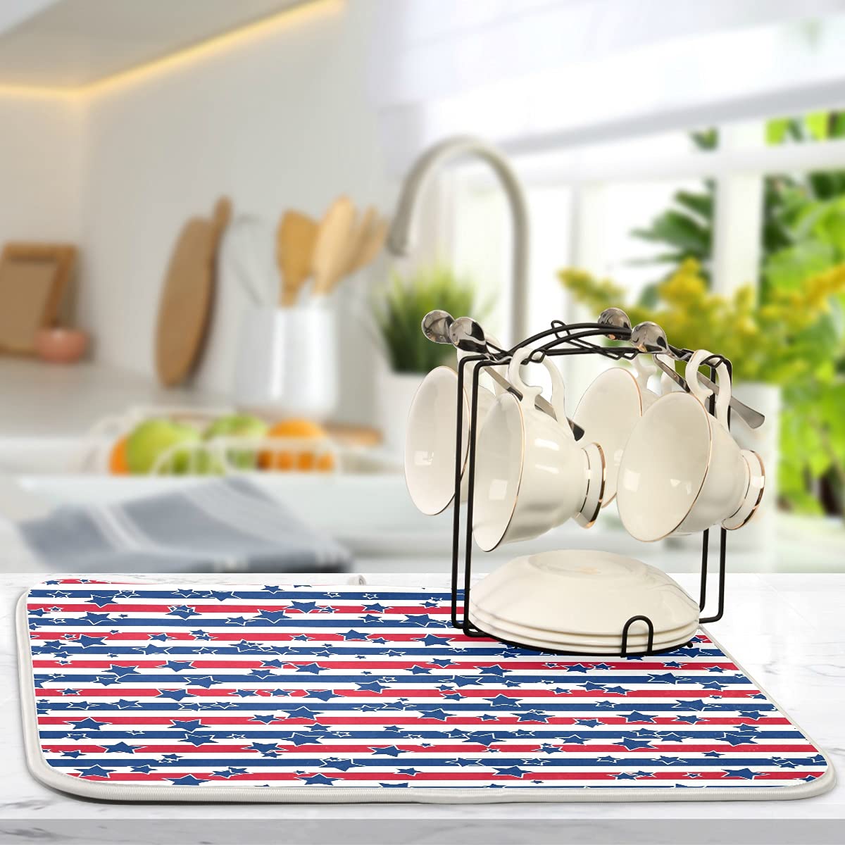 Dish Drying Mat American Stars And Stripes Kitchen Counter Mat Dishes Pad Dish Mats for Drying 4th Of July, Reversible, Super Absorbent 18x24