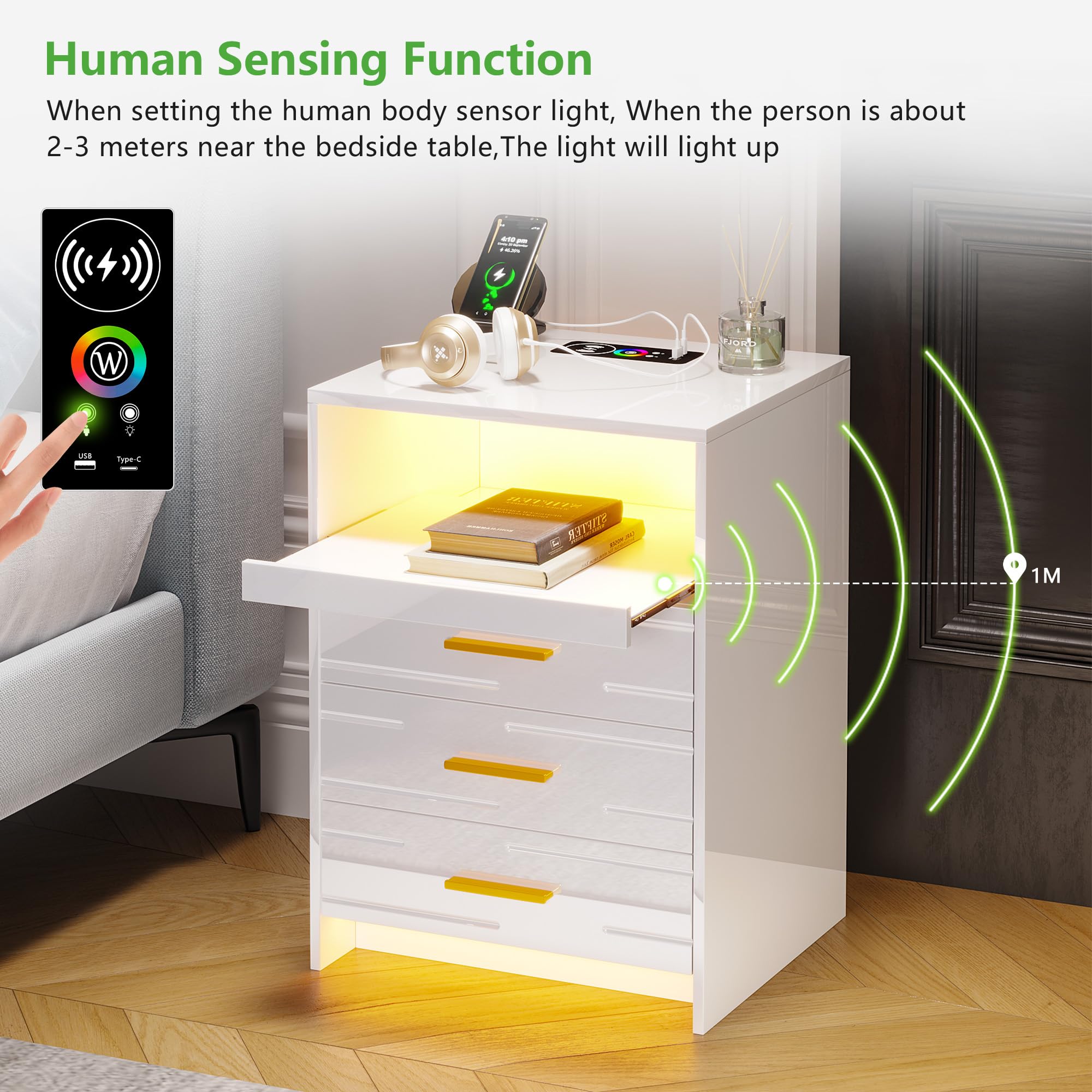 HNEBC RGB LED Nightstand with Wireless Charging Station, Smart Night Stand with 3 Drawers and Sliding Tray, Modern Bedside Table for Bedroom Furniture, High Gloss End Sofa Tables (White)
