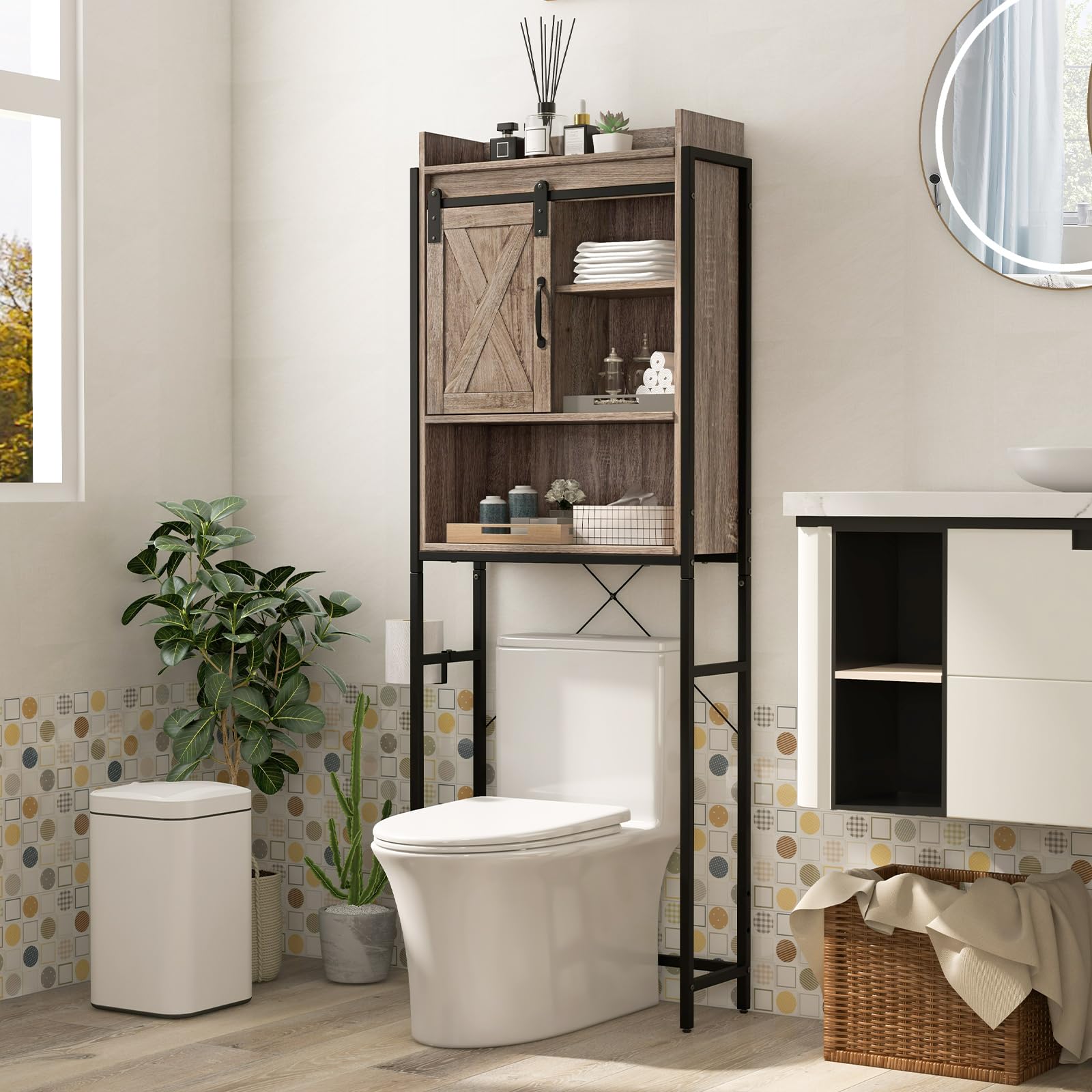 Giantex Over The Toilet Storage Cabinet - Freestanding Bathroom Organizer Rack with Adjustable Shelf, Sliding Barn Door, Paper Holder, Bathroom Space Saver, Above Toilet Storage Cabinet (Grey)