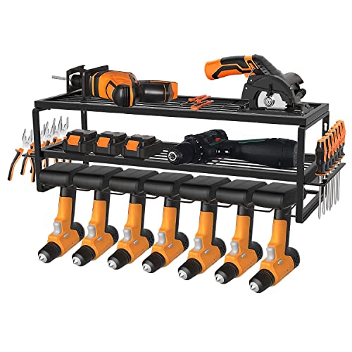 FOSZMAC Power Tool Organizer, Drill Holder Wall Mount,Storage Rack for Garage Organization with 7 Drill Holders,Heavy Duty Metal Tool Organizers and Storage Rack for Screwdriver Pegboard Shed Workshop