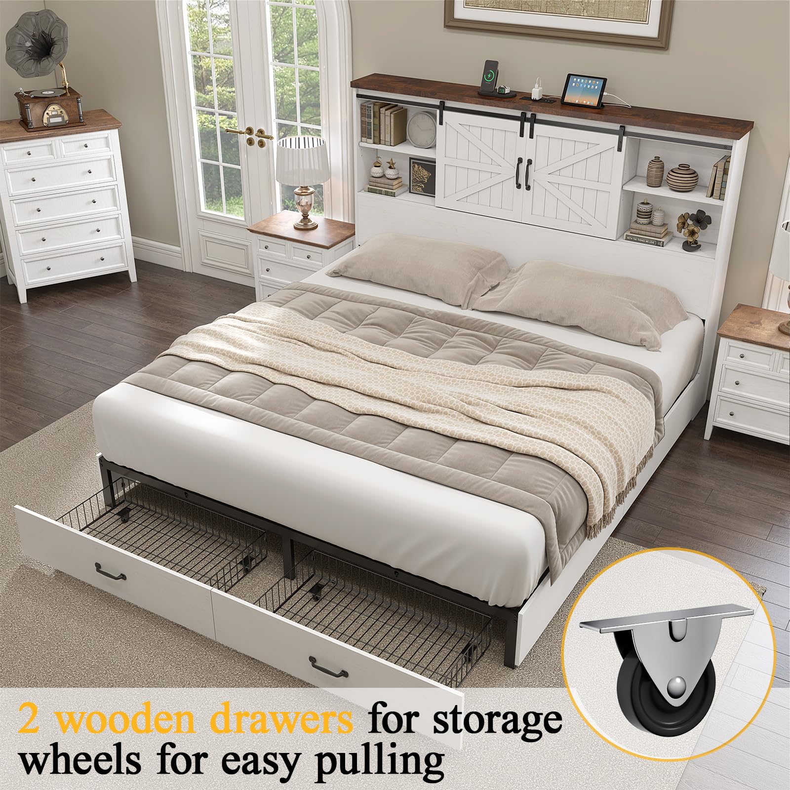 HOWE King Size Wood Platform Bed Frame with 51.2" Bookcase Headboard, Storage Bed with Sliding Barn Door Charging Station 2 Drawers, No Box Spring Needed/Farmhouse/White