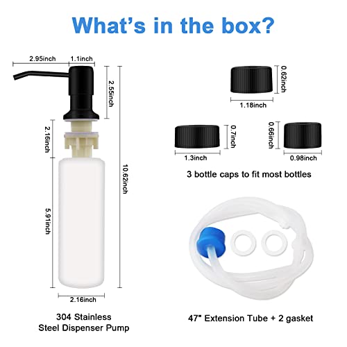 Dish Soap Dispenser for Kitchen Sink Built in Soap Dispenser Stainless Steel Soap Pump with 47" Extension Tube and 300ml Bottle Matte (Black)